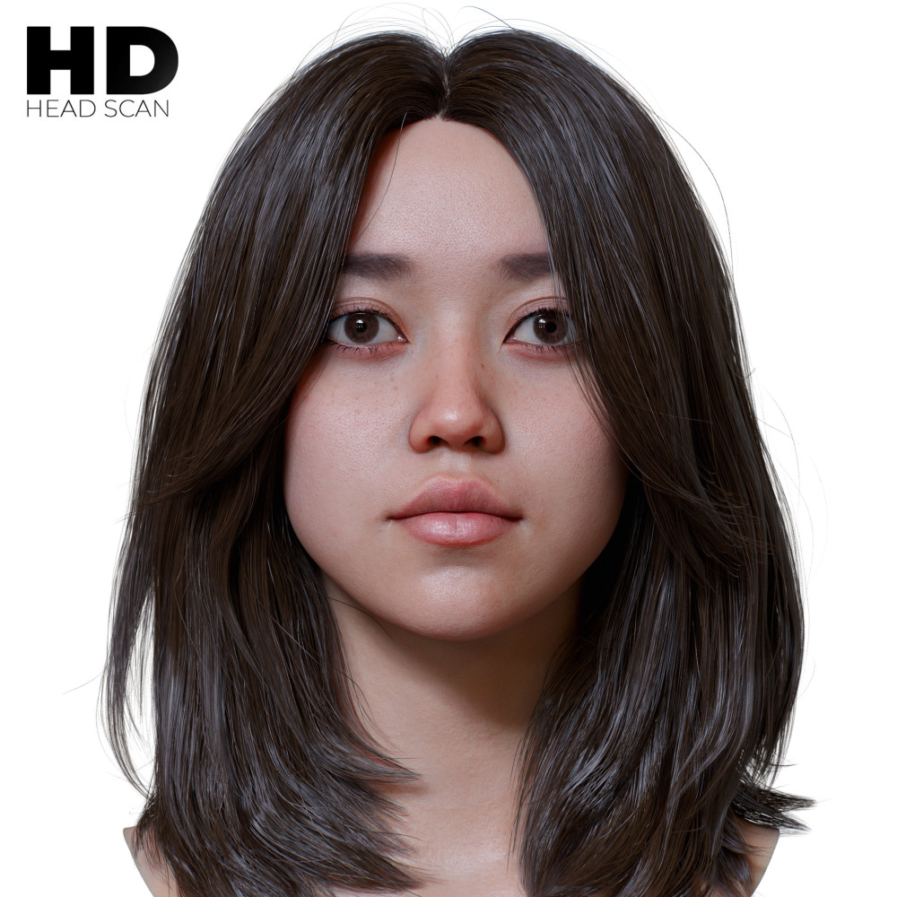 Realistic Asian woman with realistic 3d polygon hair cards