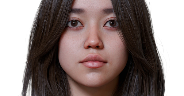 Realistic Asian woman with realistic 3d polygon hair cards
