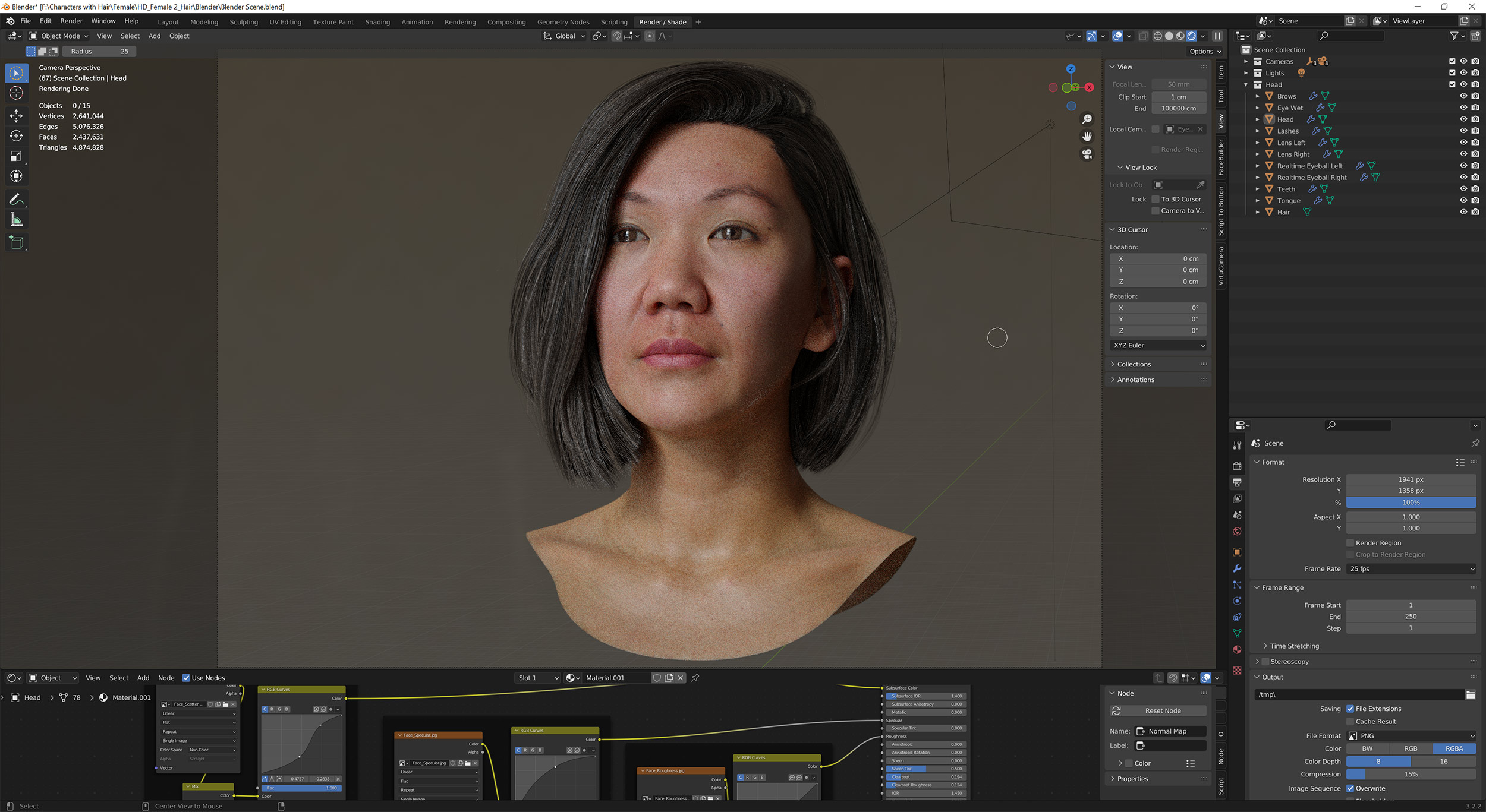 Realistic Asian woman with realistic 3d polygon hair cards
