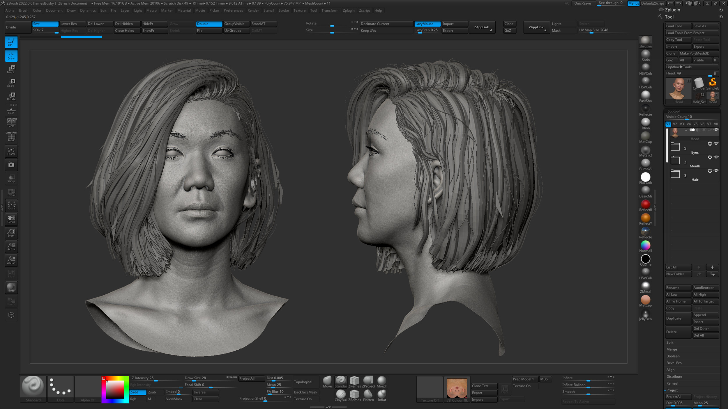 Realistic Asian woman with realistic 3d polygon hair cards