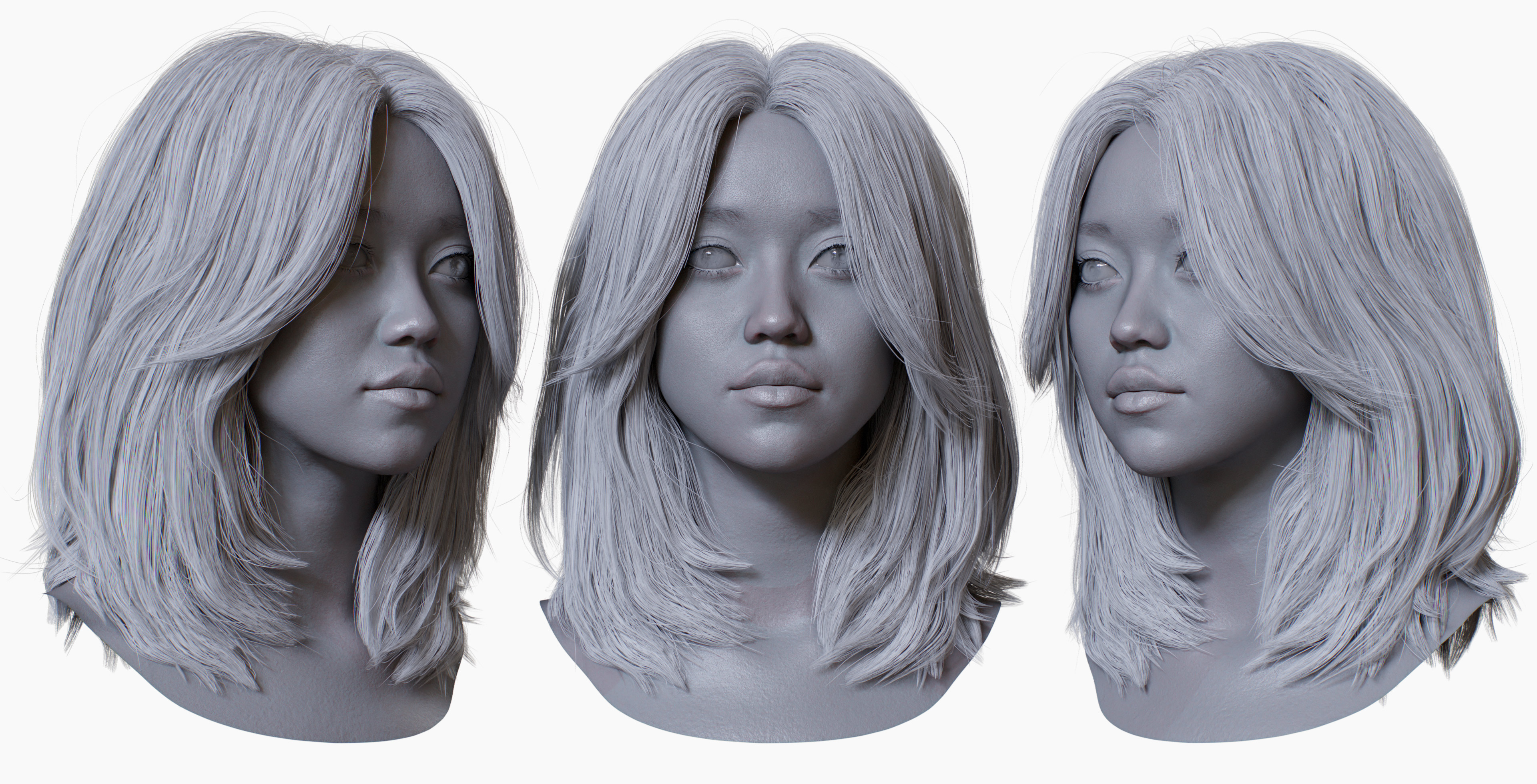Realistic Asian woman with realistic 3d polygon hair cards