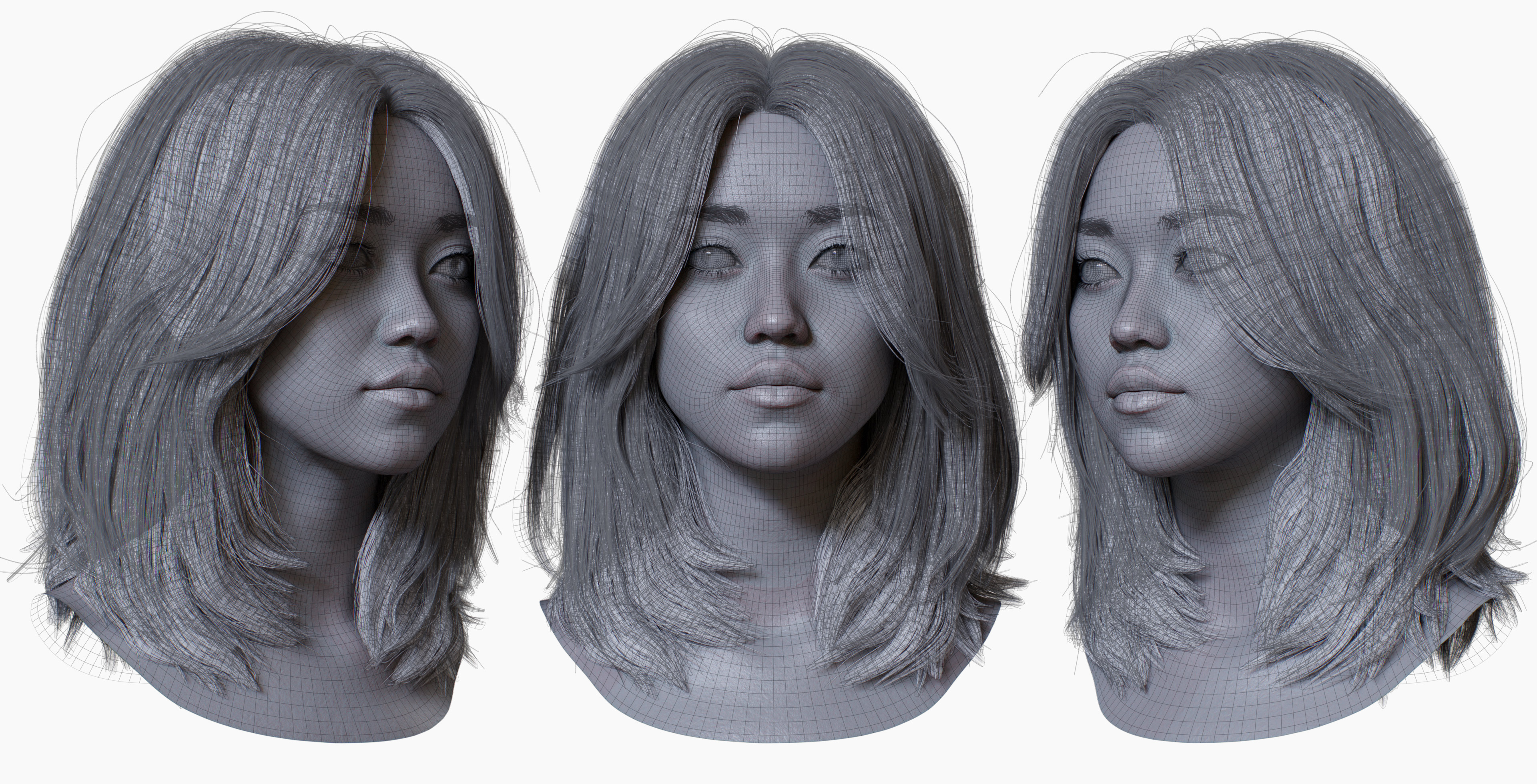 Realistic Asian woman with realistic 3d polygon hair cards